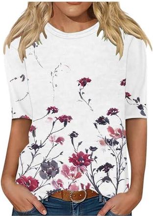 Generic Hauts à manches mi-longues pour femmes T-shirt imprimé floral décontracté coupe ajustée col rond couches de base chemises été automne t-shirt petite d