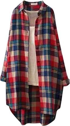 Generic Chemise &agrave; carreaux en flanelle &agrave; manches longues pour femme - Tunique surdimensionn&eacute;e - Haut tartan d&eacute;contract&eacute; - Coton et lin - Chemisier boutonn&eacute; - 