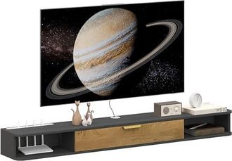 HOMCOM Meuble TV Suspendu Meuble t&eacute;l&eacute; Bois Banc TV Mural avec Compartiments Ouverts, Porte Rabattable et Passe-c&acirc;bles, pour Salon Chambre &agrave; Coucher, 160 x 24