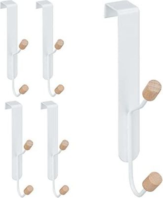 Relaxdays Türhaken 5er Set, skandinavisch, Doppelhaken Tür, Eisen & Holz, Türgarderobe HxBxT: 16 x 2 x 7 cm, weiß/natur