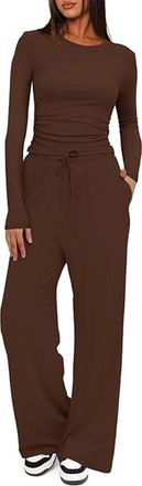 OLIPHEE 2 Teiler Set Damen Sommer Outfit Elegant Lounge Set Damen Langarm Oberteil Slim Fit und Hose Yoga Trainingsanzug Gym Hosenanzug Herbst Tracksuit Fraue