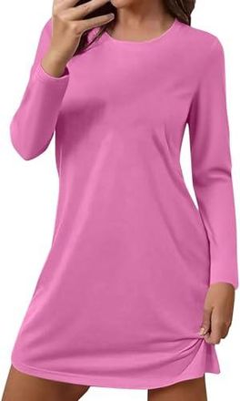 Generic Chemise de nuit en coton &agrave; manches longues pour femme, chemise de nuit courte en coton &agrave; col rond, v&ecirc;tements de nuit amples confortables, v&ecirc;tements de