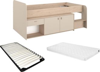 Vente-Unique Lit mi-Hauteur 90 x 190/200 cm Avec rangements &ntilde; Beige et Naturel + Sommier + Matelas - LUNOBI