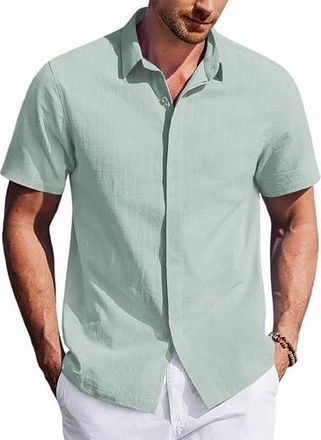 Coofandy Chemise Homme Manches Courtes Coton &Eacute;t&eacute; Chemise Casual Homme Plage Vacances Confort Respirante avec Boutons Cach&eacute;s Vert Clair 3XL