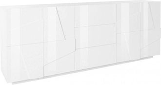 Dmora Modernes Sideboard mit 4 Türen und 3 Schubladen, Made in Italy, Küchensideboard mit Detail, Design-Wohnbuffet, 224x44h86 cm, glänzend weiße Farbe