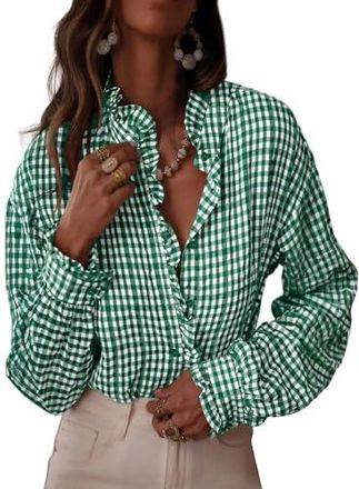 Generic Chemisier &agrave; carreaux &agrave; carreaux pour femme - Col en V - Manches longues - Style vichy - Tendance, Vert, XXL