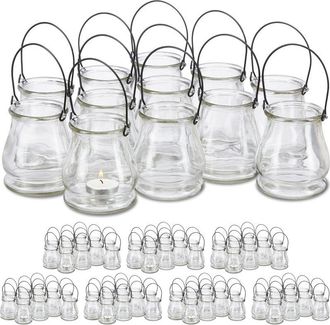Relaxdays 96 x Windlicht aus Glas, runde Glasvase mit Henkel, Tischdeko für Drinnen u. Draußen, Hängewindlicht 10 cm hoch, klar