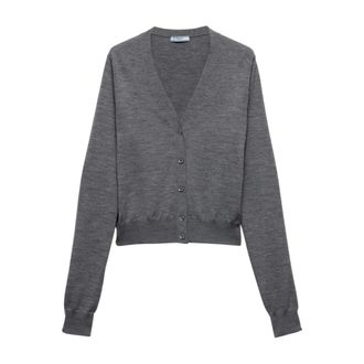 Prada Grauer V-Ausschnitt Pullover mit Logo - - Knitwear - Damen - Grau - M