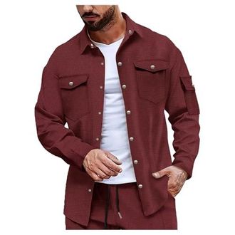 Generic Chemise &agrave; manches longues pour homme, chemise gaufr&eacute;e, coupe ample, boutonn&eacute;e, chemise de travail respirante, couleur unie, hauts d&eacute;contract&eacute;s, col &agrave; 