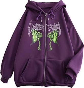 TOMWELL Sweat &agrave; Capuche Y2k Veste pour Femme Zip Up Hoodies Gothique Motif Skeleton Graphics Harajuku Unisex Vintage Sweat &agrave; Capuche Surdimensionn&eacute; Imprim&eacute; po