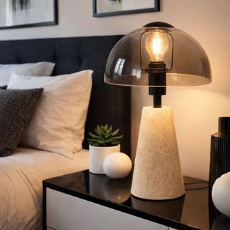 Globo Lighting Tischlampe Travertine Stein grau Nachttischlampe Rauchglas Pilz Tischleuchte Wohnzimmerlampe, 1x E14, DxH 20 x 31 cm