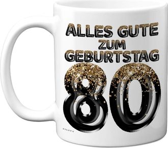 Stuff4 80. Geburtstagsgeschenke - Schwarz Gold Glitzerballons Tasse - Geburtstag Tasse f&uuml;r M&auml;nner und Frauen, 325 ml Premium-Keramiktasse, Sp&uuml;lmaschinenfest
