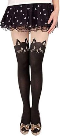 Generic Collant Femme Sexy Queue De Chat Tatouage Motif Sur Genoux Fibre Polyester Taille Unique Noir