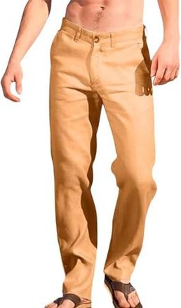 Generic Pantalon d&eacute;t&eacute; en lin pour homme - Pantalon chino droit - Pantalon de loisirs respirant - Couleur unie - Pantalon de plage - Pantalon de plage l&eacute;ger - 