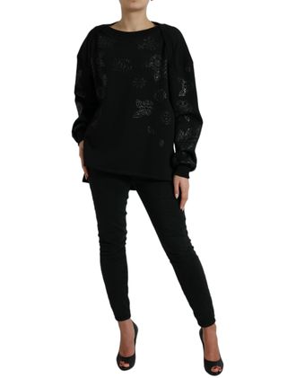 Dolce & Gabbana Womens Black Pullover Floral Logo Applique Sweater Nylon Elastane Clothing