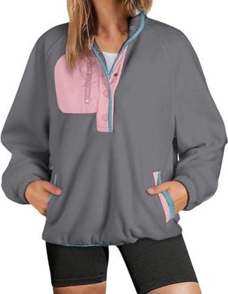 Generic Vestes pour femmes 2026 pour femmes, veste polaire pelucheuse surdimensionn&eacute;e, bloc de couleur, boutons, pull &agrave; manches longues, sweatshirts hauts, gr