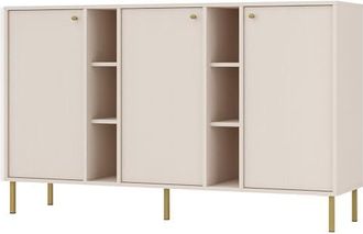 Selsey Oktio Kommode Sandbeige 95x157,7x40,8 cm - Elegantes Design mit Goldenen Metallfüßen - 3 Türen, 6 offene Fächer für Stauraum - Laminierte Spanplatte -