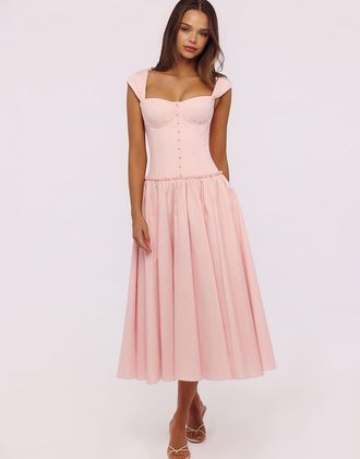 House of CB Kaia - Robe mi-longue &agrave; mancherons en coton - Rose