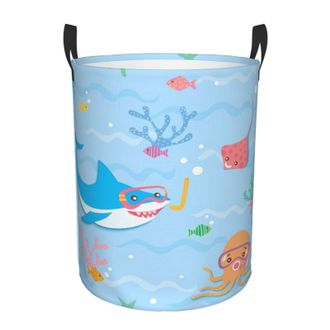 Generic Niedliches Cartoon-Meerestier W&auml;schesammler Rund Korb W&auml;sche Mit Henkel W&auml;schebeh&auml;lter F&uuml;r Kuscheltier Schlafzimmer W&auml;schesack