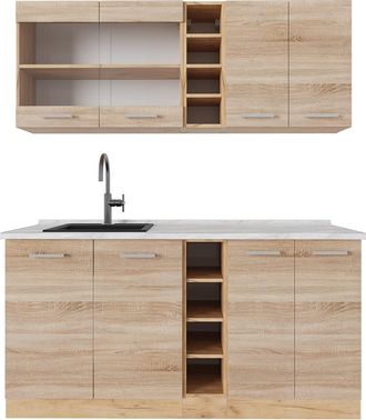 Vicco Single k&uuml;che R-Line, K&uuml;chenzeile Single, Sonoma/Goldkraft Eiche, 160 cm, AP Marmor