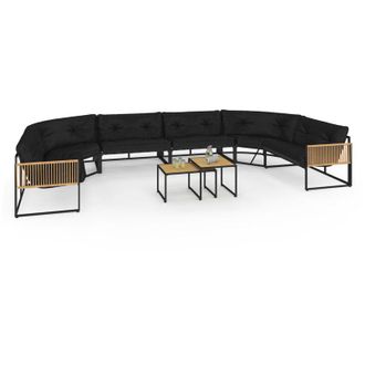 IDMarket Salon de jardin bas RIO 12 places salon dangle structure m&eacute;tal noir et cordage effet rotin avec coussins noirs