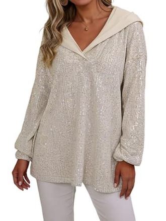 ORANDESIGNE Sweat Paillettes Femme Capuche Sweat &agrave; Capuche Paillettes Sweats Oversize Hoodie Col en V Manches Longues A Abricot XXL