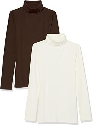 Amazon Essentials Haut à col roulé et Manches Longues, Effet superposé, en Maille côtelée, Coupe ajustée (Disponible en Grandes Tailles) Femme, Lot de 2, Blanc/Marrón E