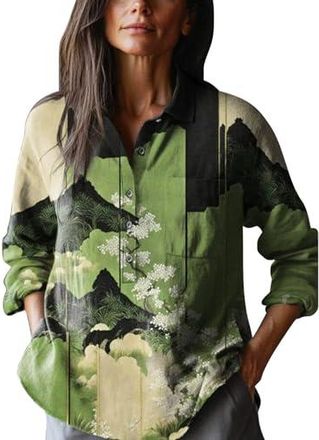 Generico Femme Chemise D&eacute;contract&eacute;e &agrave; Manches Longues Chemisier en Lin Coton Curvy Respirant Blouse Col en V Doux T Shirt Vintage Imprim&eacute; Boutons L&eacute;ger Chemise