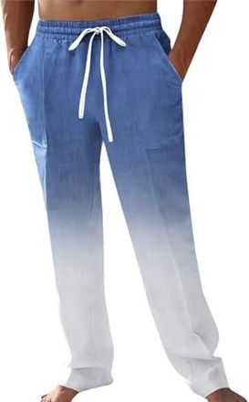 Generic Pantalon baggy en coton et lin pour homme - D&eacute;contract&eacute; et tendance - Couleur unie - D&eacute;grad&eacute; - Pantalon de plage en lin respirant, bleu marine, XXL