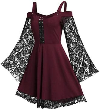 Feoya Robe Gothique Bandage Steampunk &agrave; Manches en Dentelle pour Femme Taille L-5XL/FR 38-56, Noir, L, 01 Bordeaux, L
