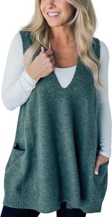 Generic Pull &agrave; poche pour femme sans manches col en V en tricot ample d&eacute;contract&eacute; flatteur haut tunique long gilet en duvet pour femme, Vert, L