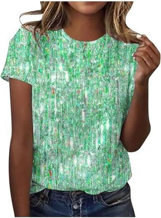 Generic T-shirt &agrave; manches courtes et col rond pour femme Effet cristal iris&eacute; Pour f&ecirc;te, festival, tenue d&eacute;contract&eacute;e, Vert, XXL