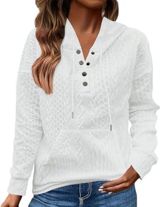 Generic Pull pour femme col en V boutonné à manches longues en tricot pour lautomne et lhiver, blanc, M