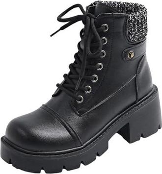 Generic Bottines &agrave; lacets confortables avec col en tricot et talon &eacute;pais pour femme - &Eacute;l&eacute;gantes - Bout rond - Semelle &eacute;paisse - Antid&eacute;rapantes - Classiques - 