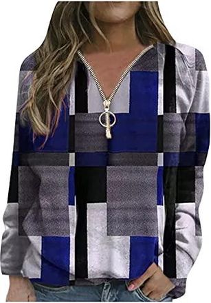 Generic Tee Shirt Femme Grande Taille - Femmes Pull Automne et Hiver col Rabattu g&eacute;om&eacute;trique imprim&eacute; Demi Fermeture &eacute;clair &agrave; Manches Longues Chemisier Pull Ma