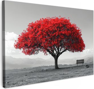 MuchoWow © Leinwand Bilder Klein 30x20 cm Mini Wanddeko Wohnzimmer Aesthetic Room Decor Deko Zimmer Wandbilder Modern Bild auf Leinwand Baum - Rot - Natur - Sc