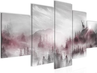 Runa Art Bild Wohnzimmer Schlafzimmer Wald Hirsch 5 Teilig Natur Berge Rosa Grau Wandbilder auf Vlies Leinwand 042853b