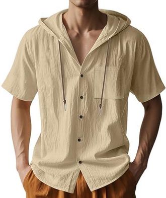 Generic Chemise en lin pour homme, grande et haute, chemise boutonn&eacute;e &agrave; capuche, couleur unie, chemise d&eacute;t&eacute; &eacute;l&eacute;gante, douce et confortable, haut d&eacute;contract&eacute;, 