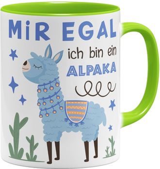 OM3 Mir egal ich bin ein Alpaka Kaffee-Tasse mit Spruch - Spruchtasse Lama-Motiv - Statement - Keramik Becher - 325ml - Beidseitig Bedruckt - Hellgr&uuml;n