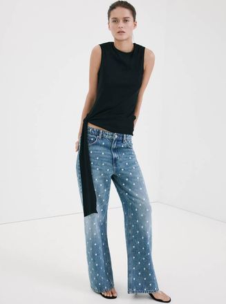 Mango Jean droit &agrave; pois bleu moyen - Femme - 32 - MANGO