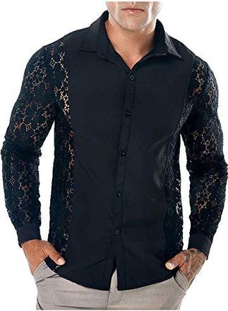 FNKDOR Chemise à Manches Longues Homme Chemise Col V Dentelle Transparent Slim Fit T-Shirt Loisirs Shirt Fête Bar Night Club Chemise Creuse Top Blouse(B Noir
