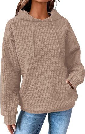 Zeagoo Hoodie Damen Sweatshirt Herbst Casual Kapuzenpullover Oversize Waffel Pullover Langarm Warm Kapuzenpulli für Winter Beige M