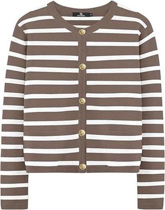 Generic Cardigan ray&eacute; pour femme, pull tricot&eacute; &agrave; col rond avec poches, boutons dor&eacute;s en tricot court pour femme, marron, L