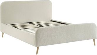 Sweeek Lit avec sommier à Lattes et tête de lit rembourrée 2 Places Bouclette crème 160 x 200 cm - Finn