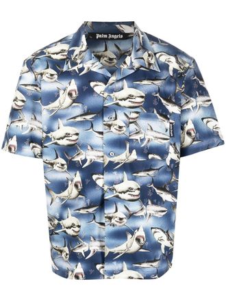 Palm Angels Bowlinghemd mit Hai-Print - Blau