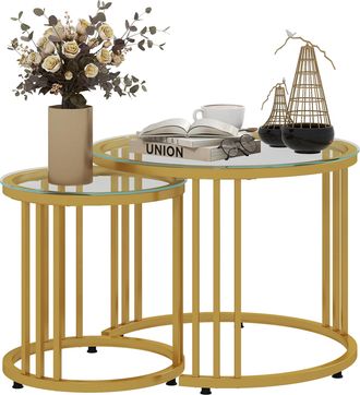 HOMCOM Couchtisch 2er-Set, Stapelbar Beistelltisch mit Stahlgestell, Kaffeetisch, Wohnzimmertisch für Büro, Schlafzimmer, Gold