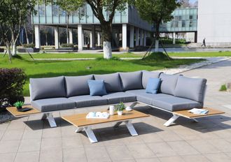 Mendler Aluminium Garten-Garnitur HWC-M62, Sitzgruppe Garten-/Lounge-Set Sofa, Holzoptik - Gestell weiß, Polster hellgrau