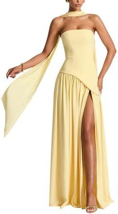 ORANDESIGNE Robe Femme Été Chic et Elegant Robe Longue sans Bretelles Robes Soiree Mariage Ceremonie Cocktail avec Echarpe A Jaune XL