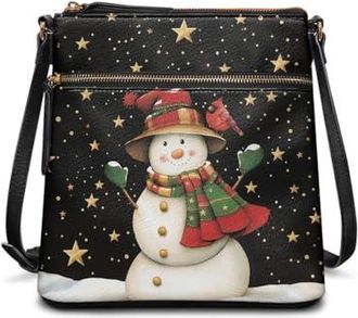 Coloranimal Sac &agrave; bandouli&egrave;re pour femme en cuir avec fermeture &eacute;clair sur le th&egrave;me de No&euml;l, Bonhomme de neige de No&euml;l Nuit &eacute;toil&eacute;e