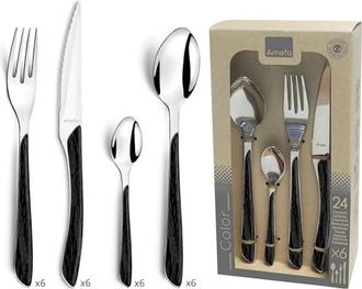 Amefa ECLAT Besteck Set NATURE Schwarz Holz Essbesteck 24-teilig f&uuml;r 6 Personen Edelstahl rostfrei Kunststoff-Griffschalen in Holzoptik sp&uuml;lmaschinenfest Be